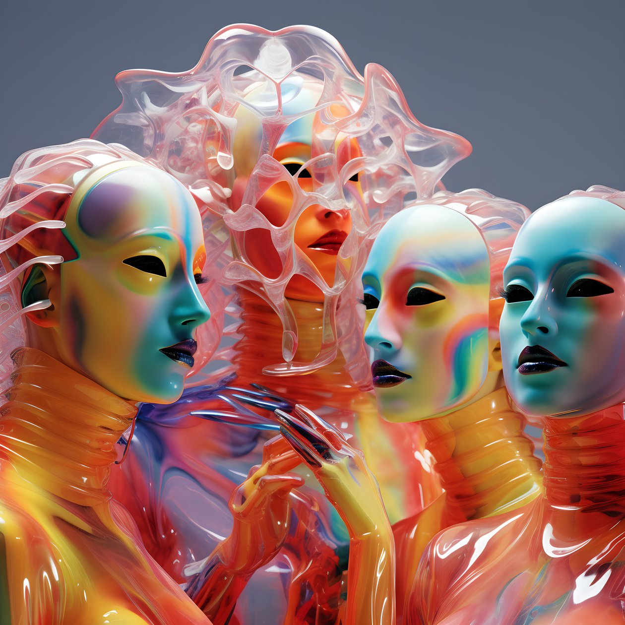 6 Women with 3D Parametric Fluorescent Plastic Masks in a Surreal and ...