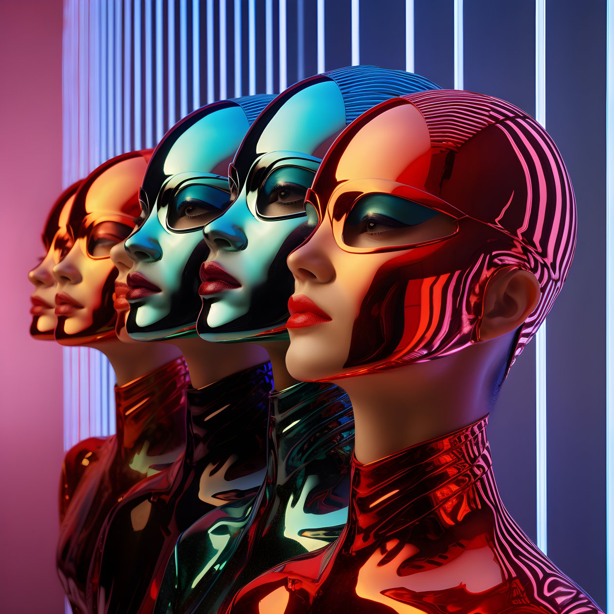 6 Women with 3D Parametric Fluorescent Plastic Masks in a Surreal and ...