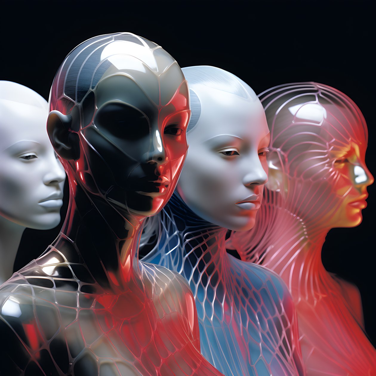 6 Women with 3D Parametric Fluorescent Plastic Masks in a Surreal and ...