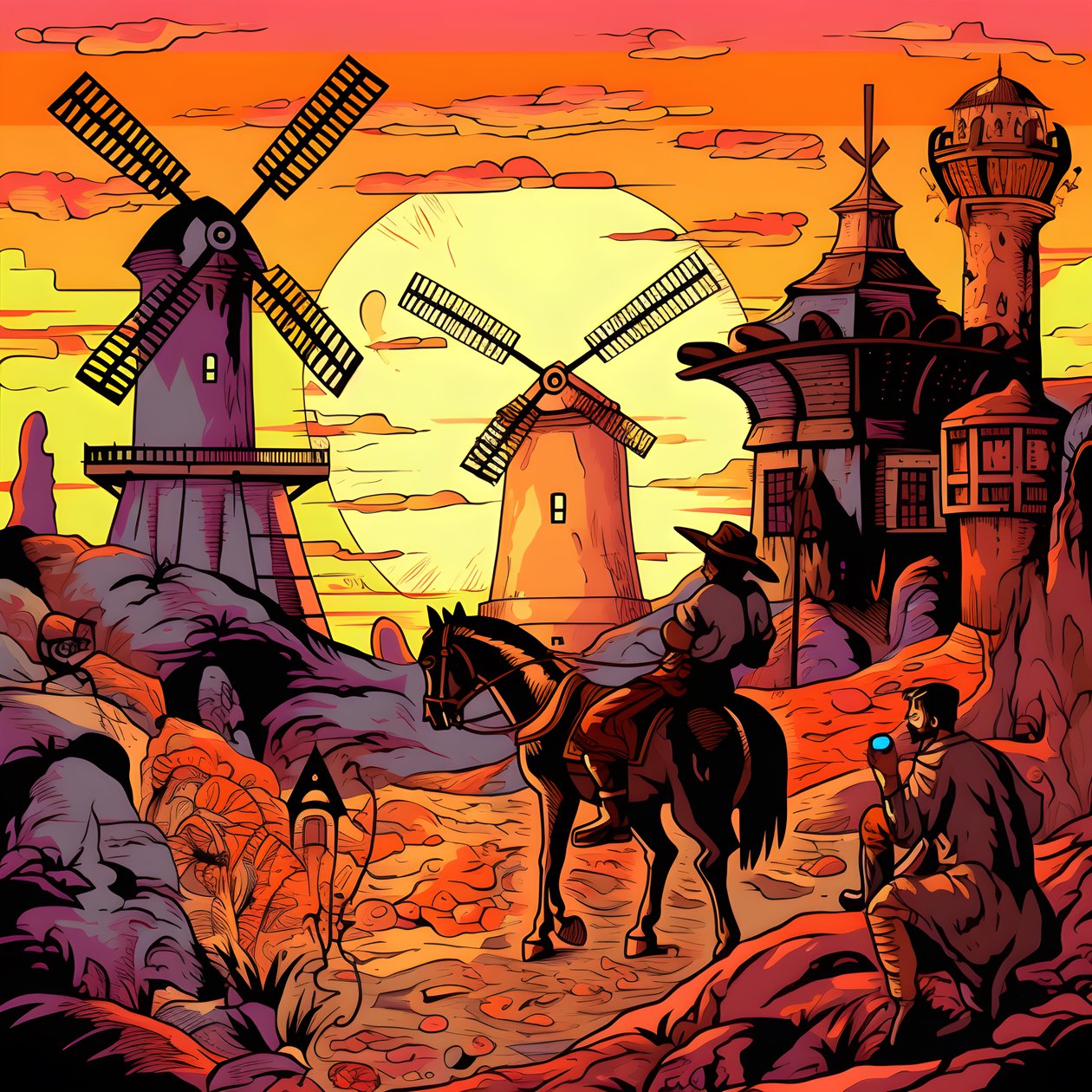 Background Don Quixote on His Donkey as Small as a Shadow in Front of the Windmills, a Suitable ...