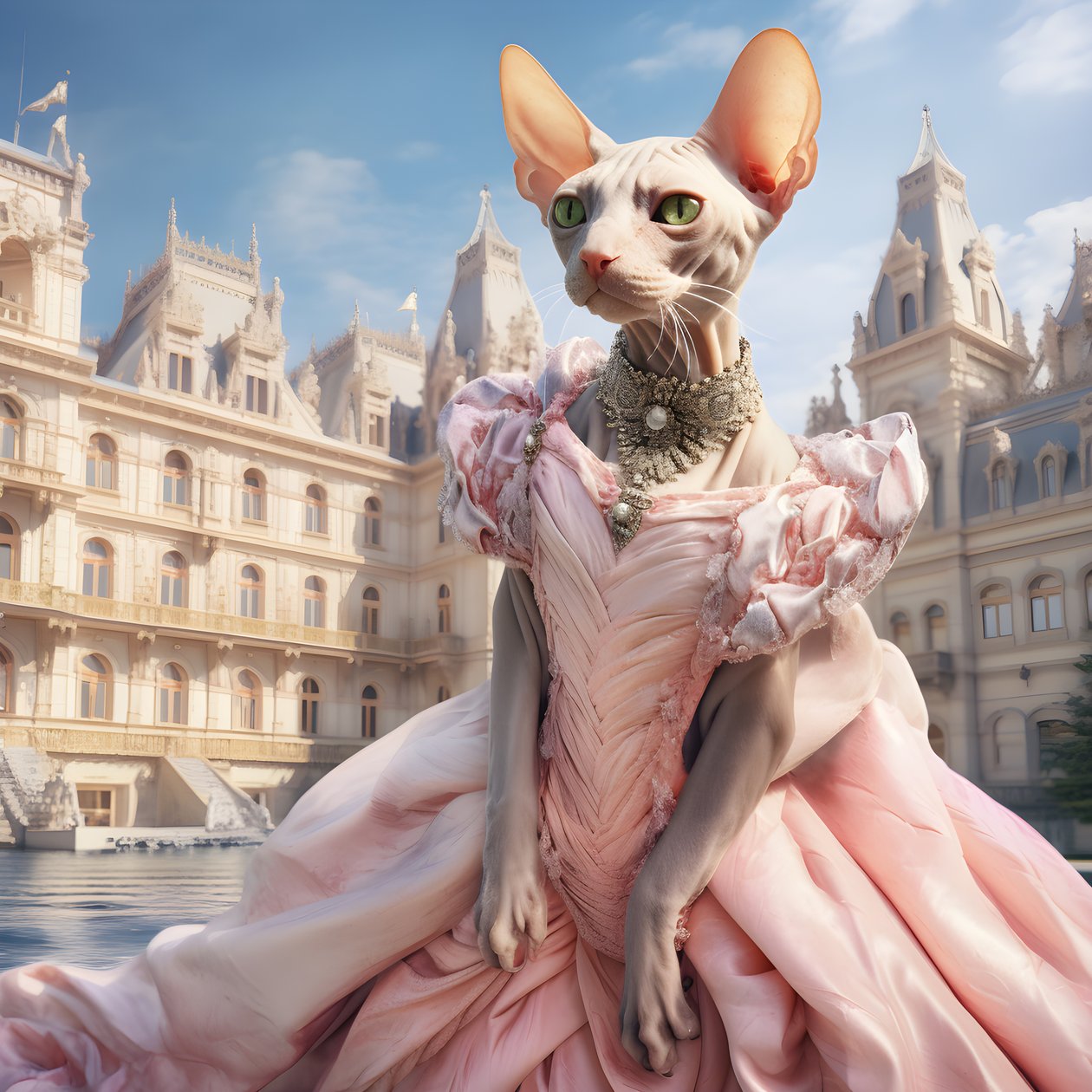 Sphynx Cat in a Ball Gown in Front of a Magnificent Palace in Medieval ...