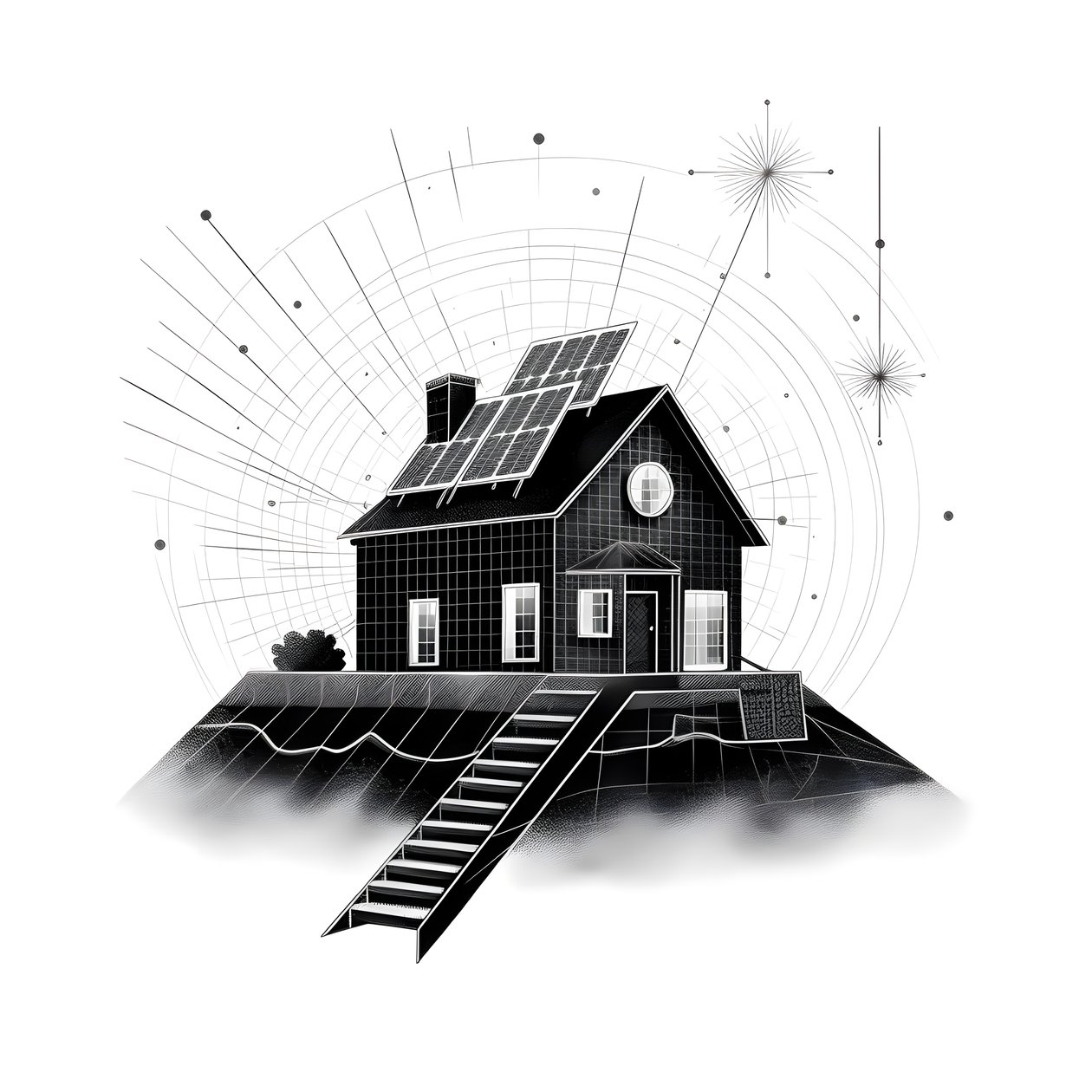 Illustration of a House with Solar Panels and Arrow Pointing Upwards