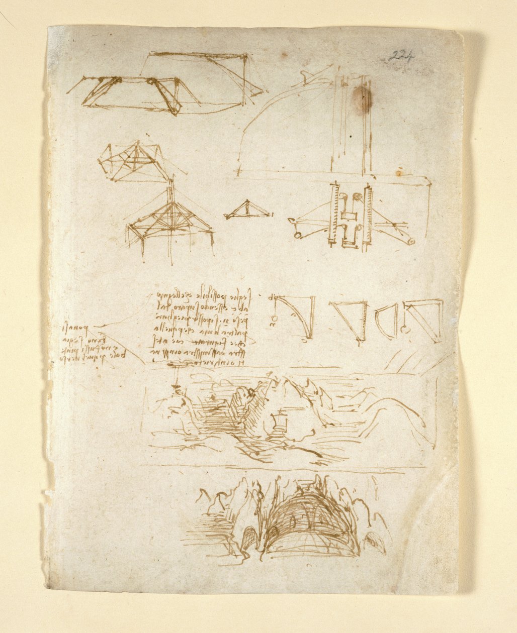Notes and diagrams; sketches of mountains and a cave, from 'Codex Arundel'