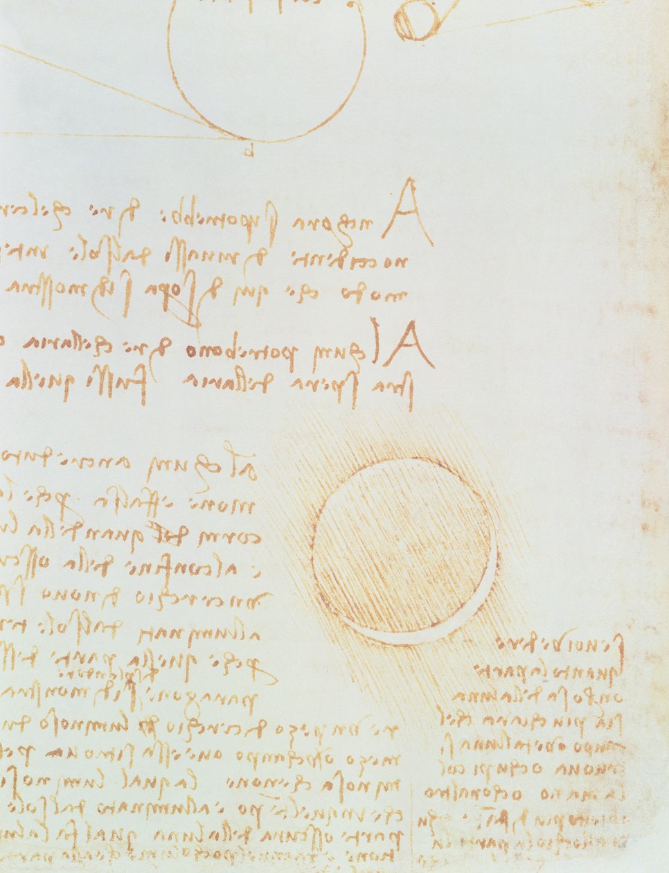 Detail (Codex Leicester, fol. 2r, showing the outer luminosity of the moon)
