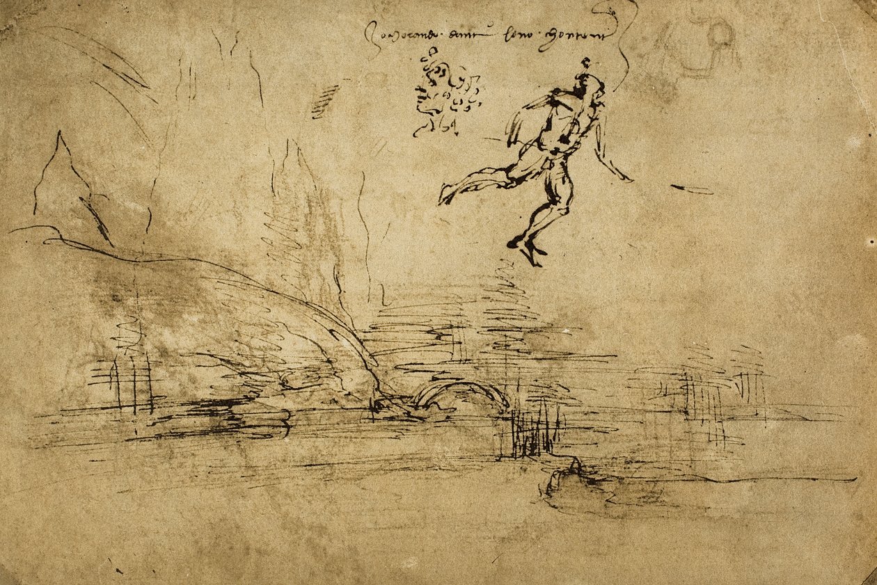 The back of a landscape drawing with the figure of a soldier