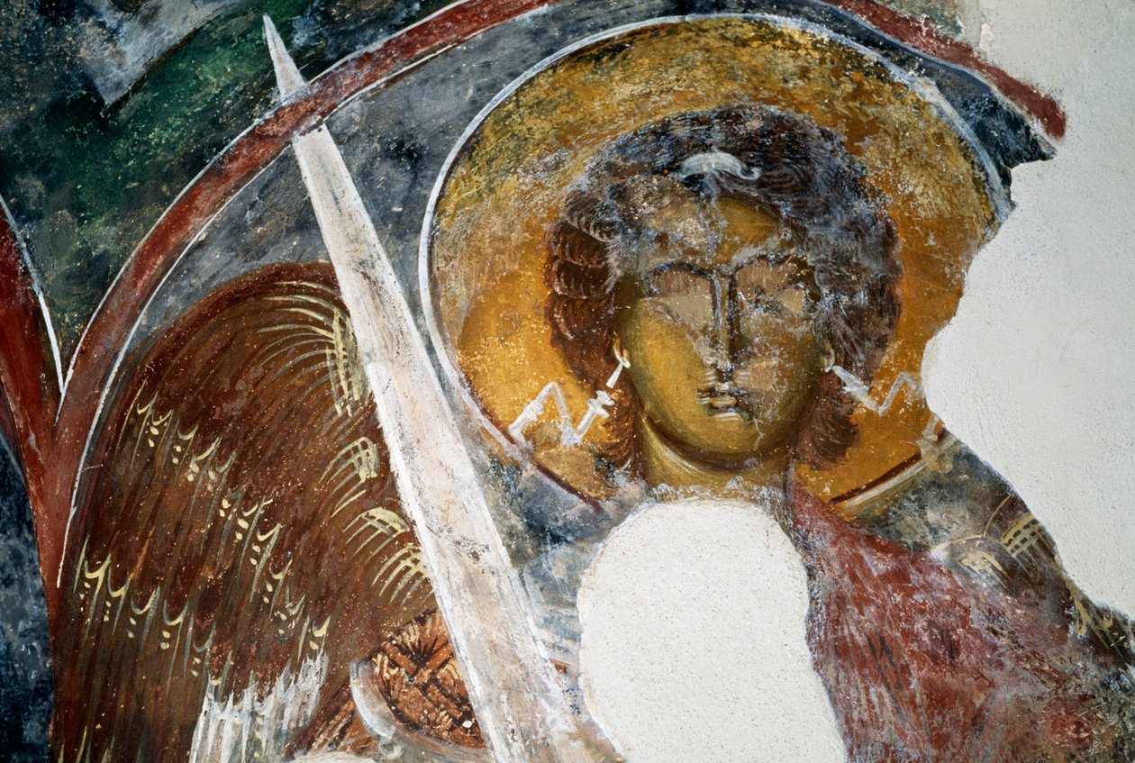 Archangel Michael, fresco in a Byzantine church in the ruins of Geraki ...