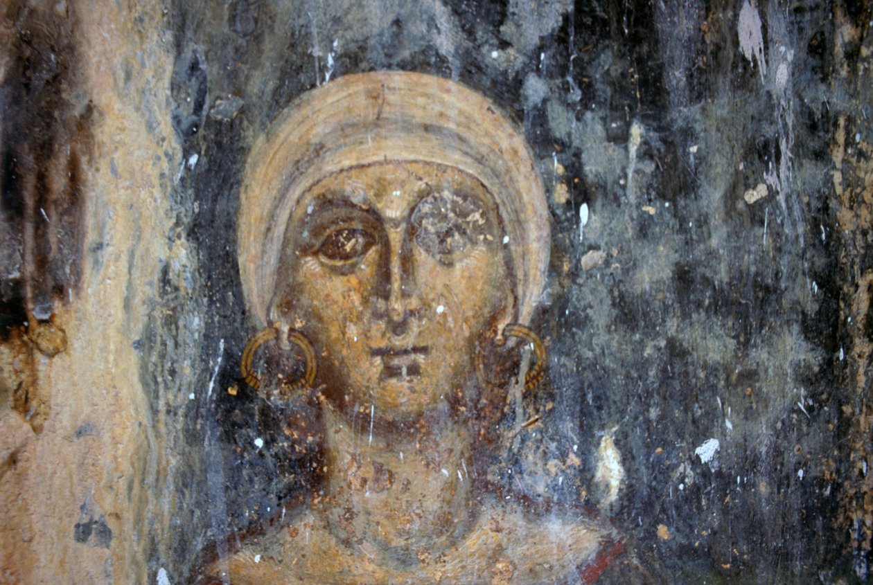 Female Figure, Fresco in Byzantine Church of Agios Athanasios, Kefali ...