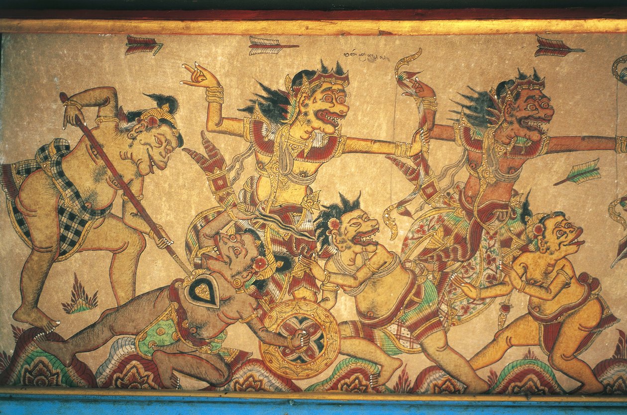 Frescoes depicting scenes of battles between gods and demons, Kertha ...