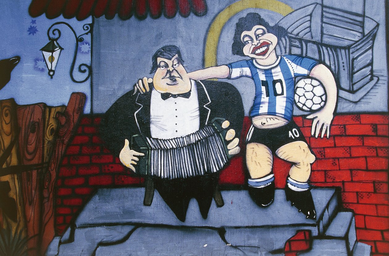 Musician Anibal Troilo and football player Diego Maradona, mural on ...