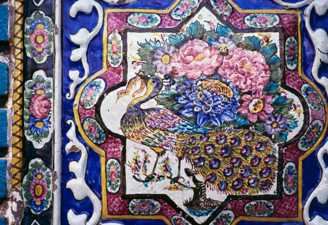Peacock and Flowers, Polychrome Tile Decoration in Tekyeh Mo'aven ol ...