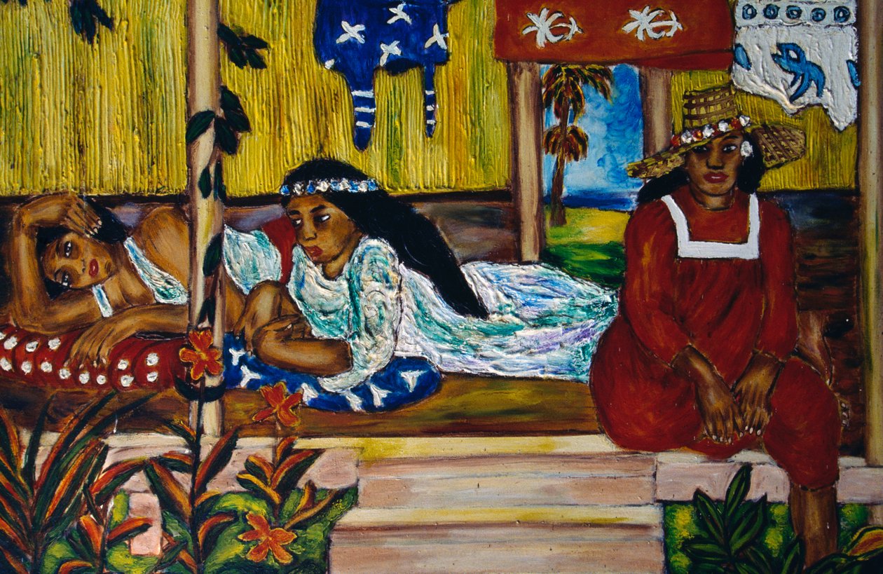 Polynesian women, stained glass window, Moorea Island, Society Islands ...