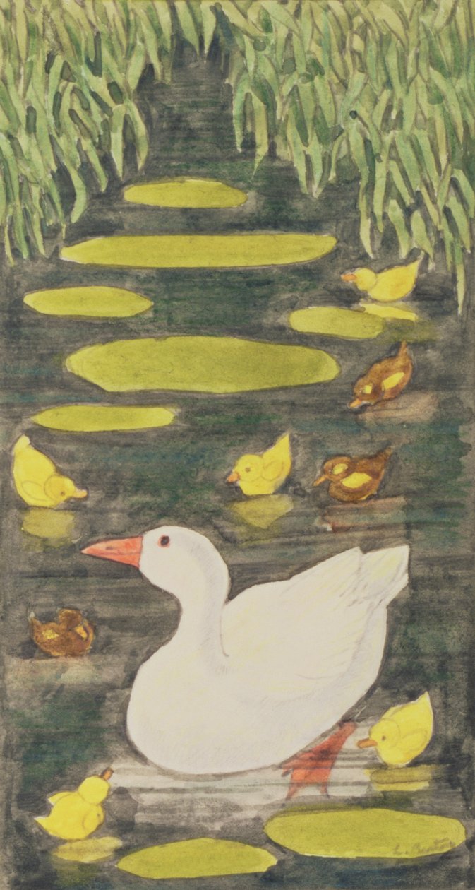 Mother Duck in the pond with her ducklings by Linda Benton
