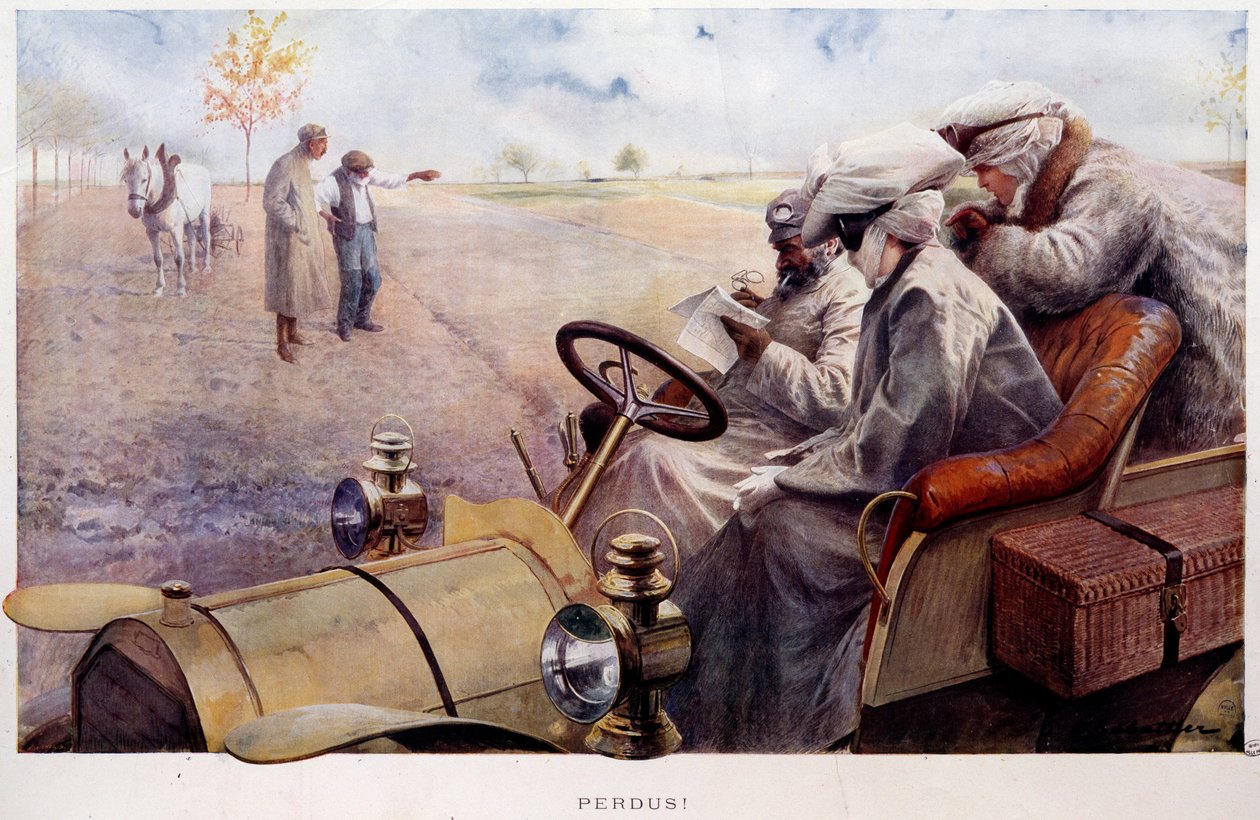 Lost! Travellers looking for the way in a countryside. Engraving by ...