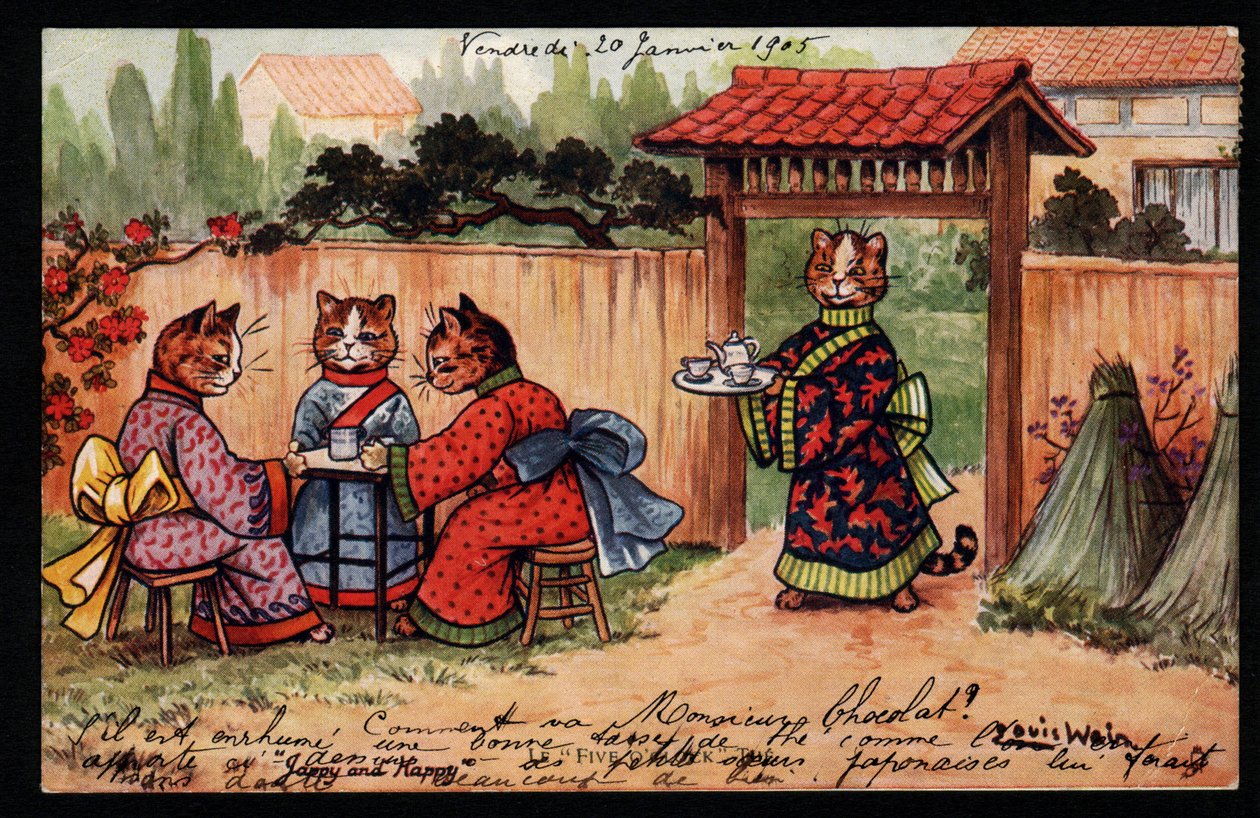 Animals in human posture. Cat in kimono drinking tea in a Japanese ...