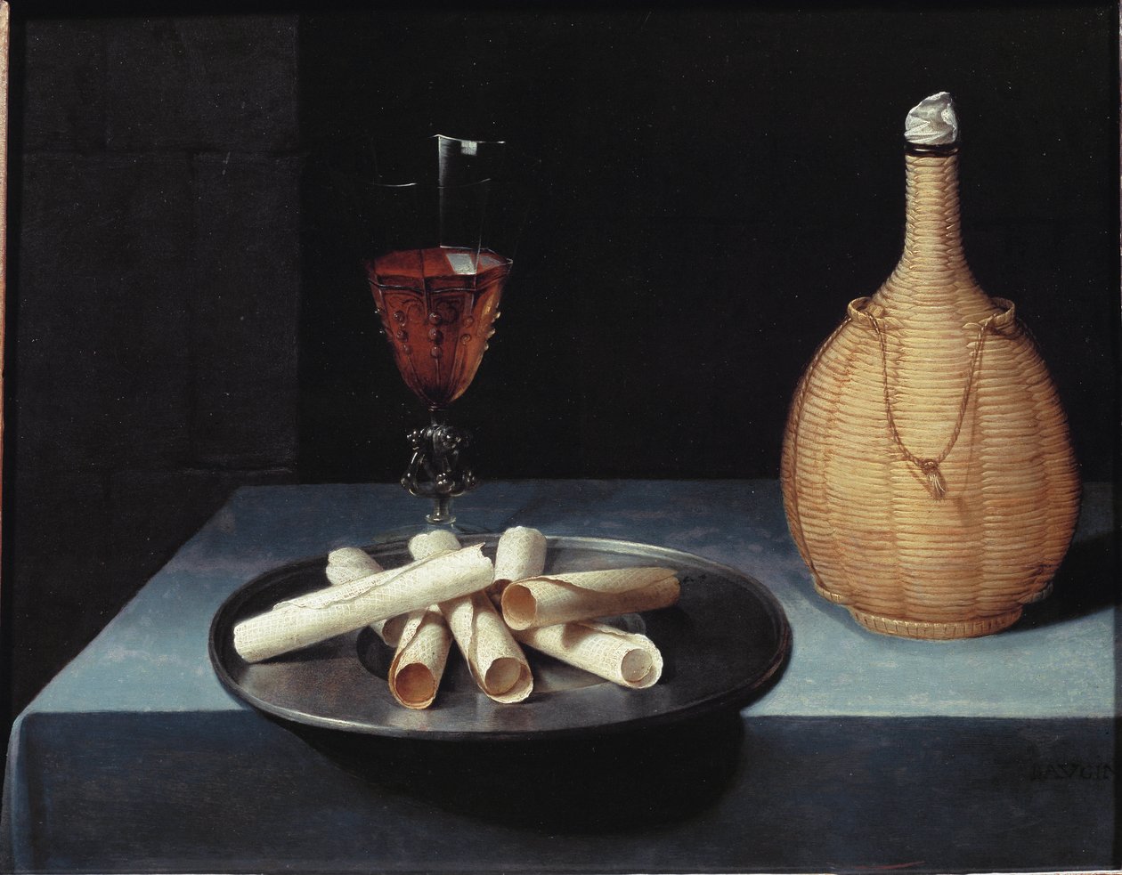 Still Life with Wafer Dessert of Biscuits, Wine Bottle and Glass