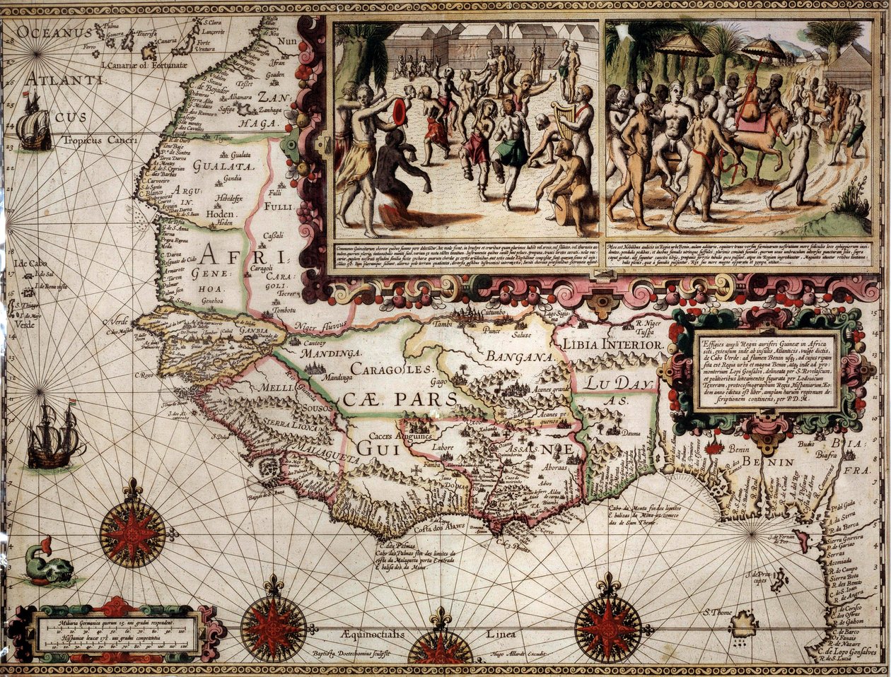 Geographic map of Guinea, approximately 1586. Representation of a dance ...