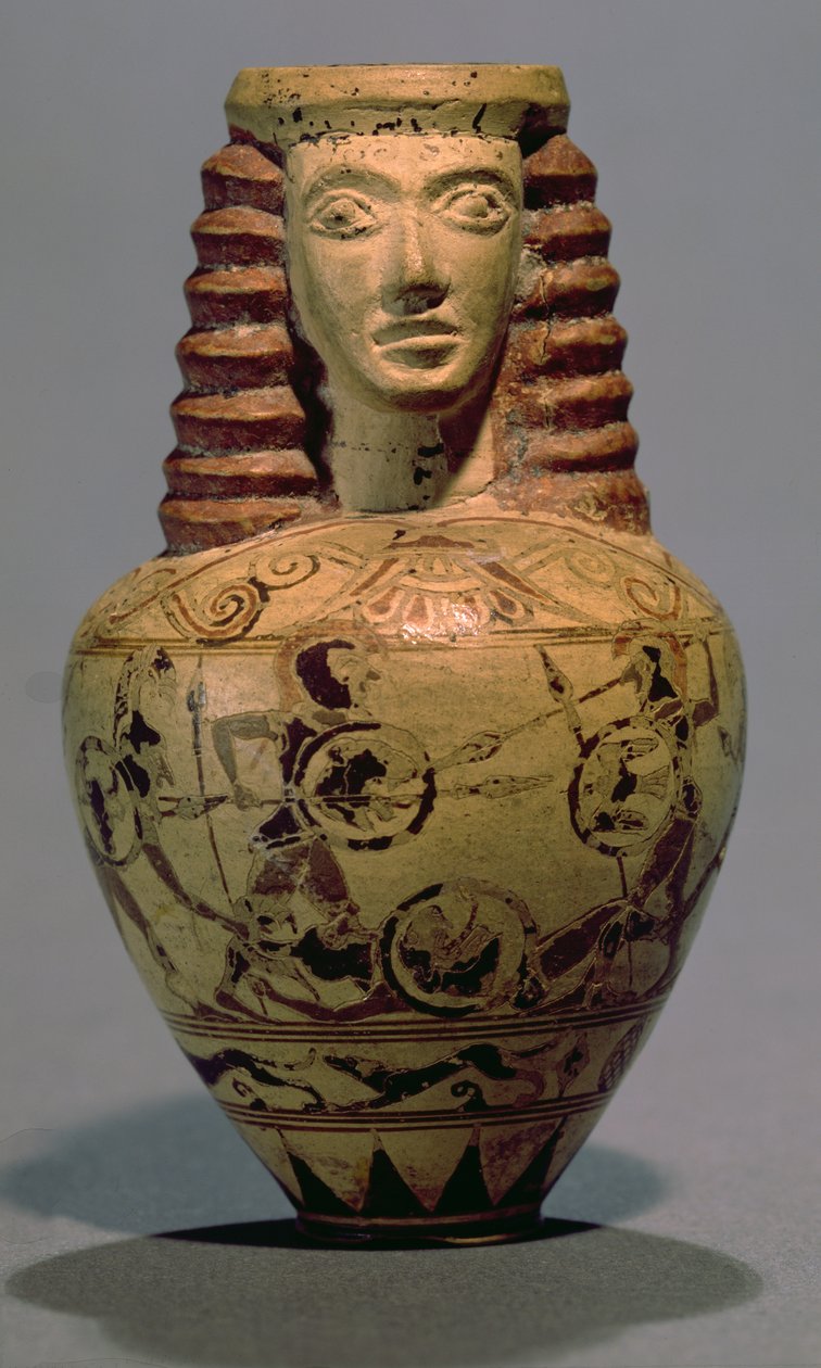 Proto-Corinthian aryballos with a human head, decorated with a scene of ...