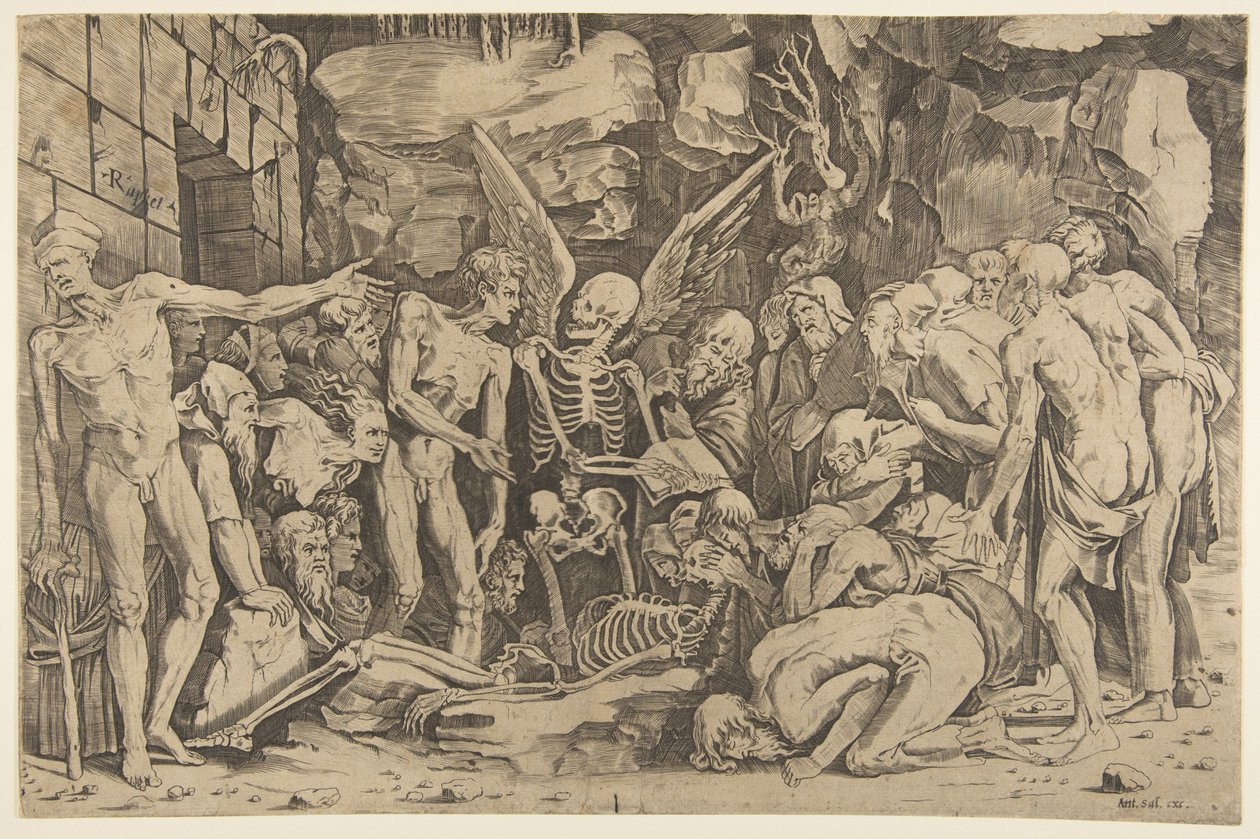 The Skeletons, a group of emaciated men and women gathered around a ...