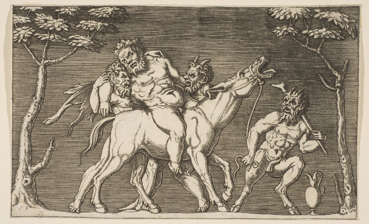 Two Satyrs Placing Silenus on a Braying Mule and a Third Satyr at Right