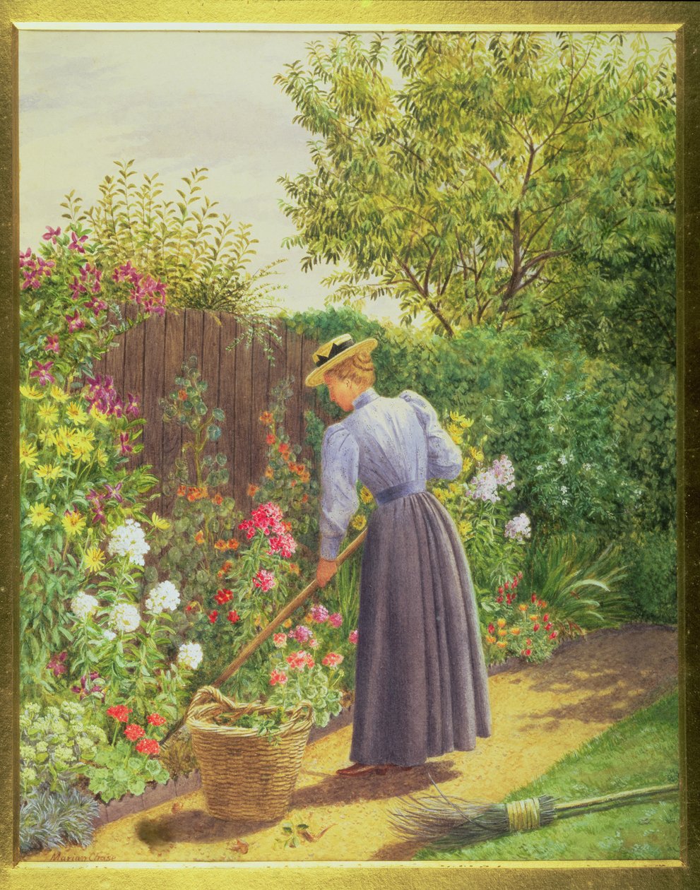 Lady gardening in a herbaceous border by Marian Emma Chase