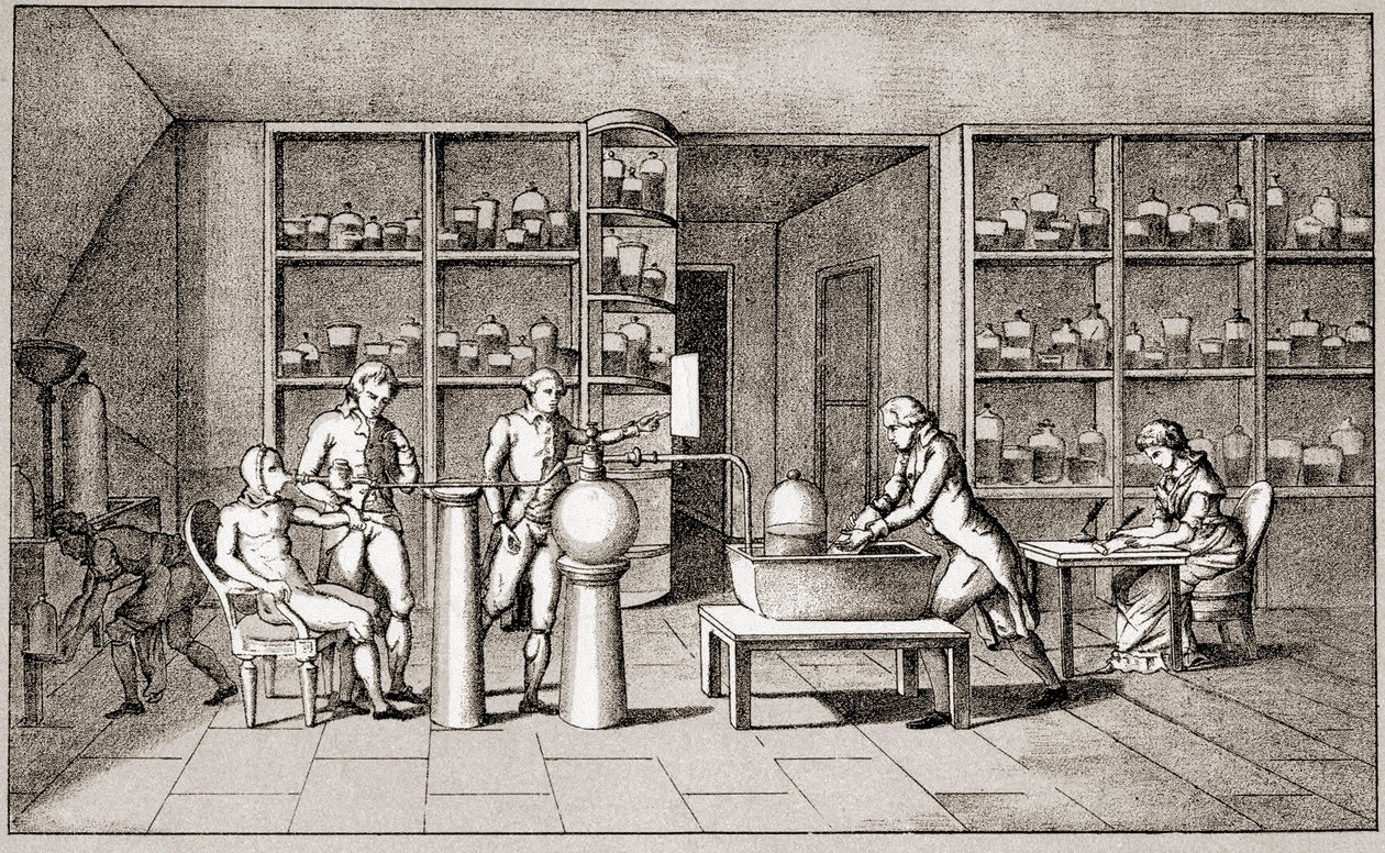 Antoine Laurent de Lavoisier (1743-1794), French chemist conducting an ...