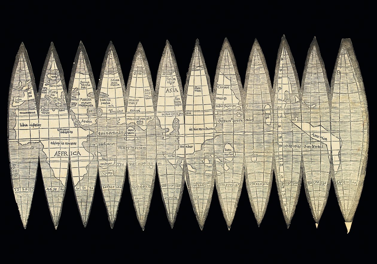 World map in the form of a set of terrestrial globe gores, 1507