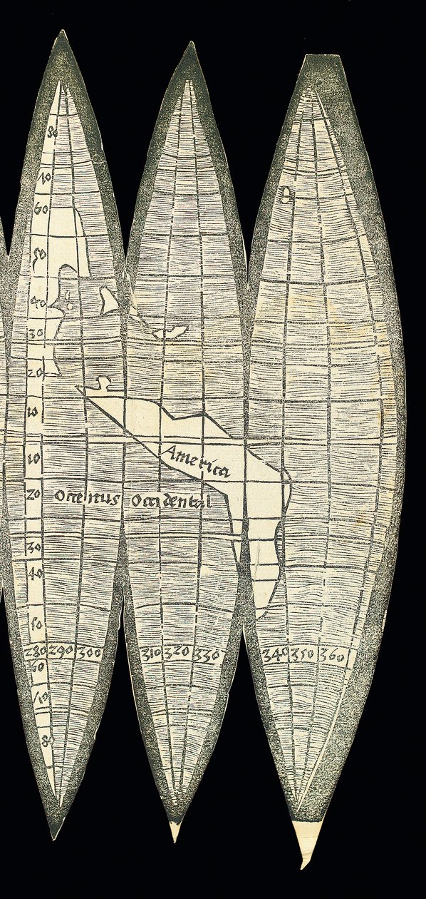 World map in the form of a set of terrestrial globe gores, 1507