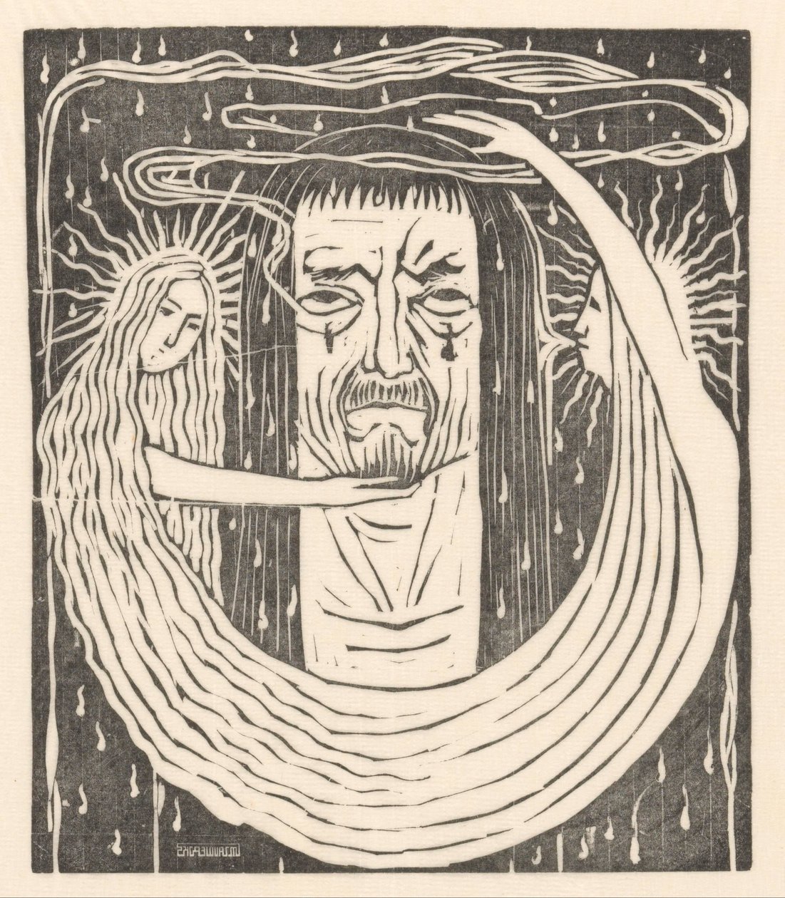 Man's Head and Figures in the Rain by Mathieu Lauweriks