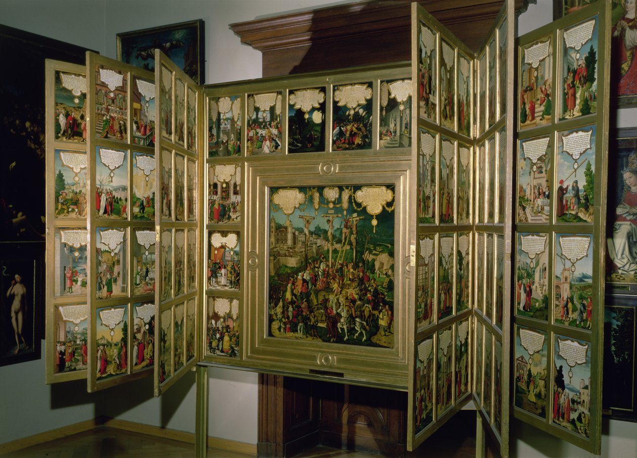 Mompelgarter Altarpiece, with central panel and six hinged side panels ...