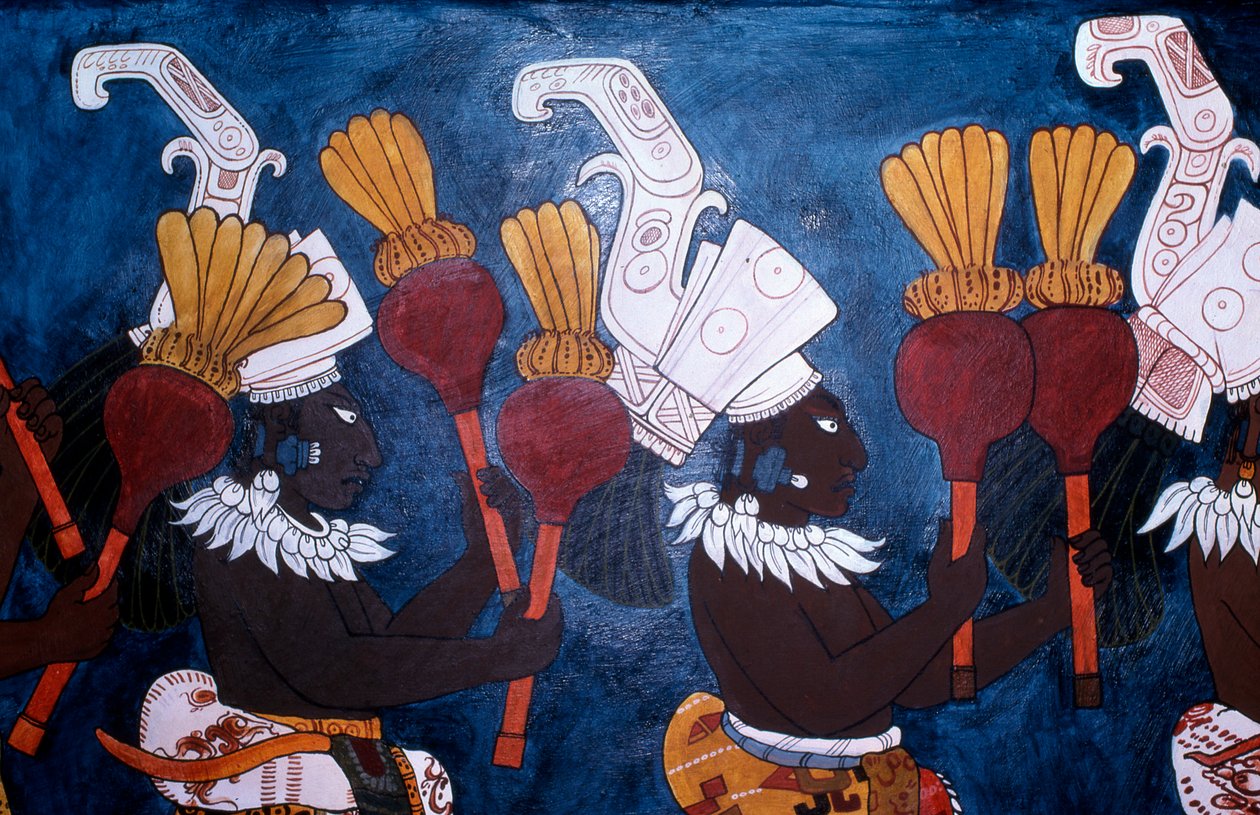 Reproduction of a mural showing musicians with rattles during a ...