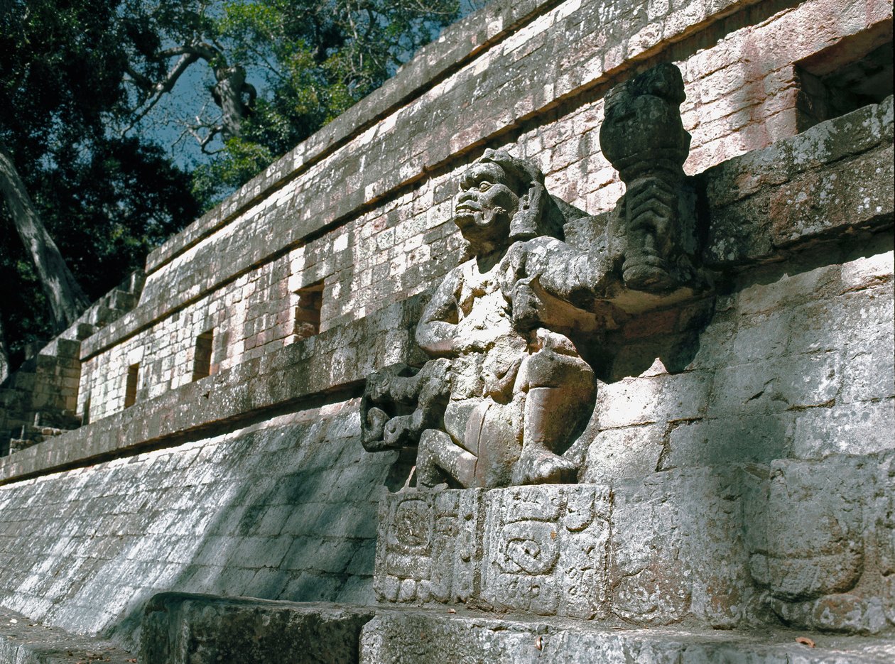 View of the wall of the Acropolis with sculptures of rulers of Copan ...
