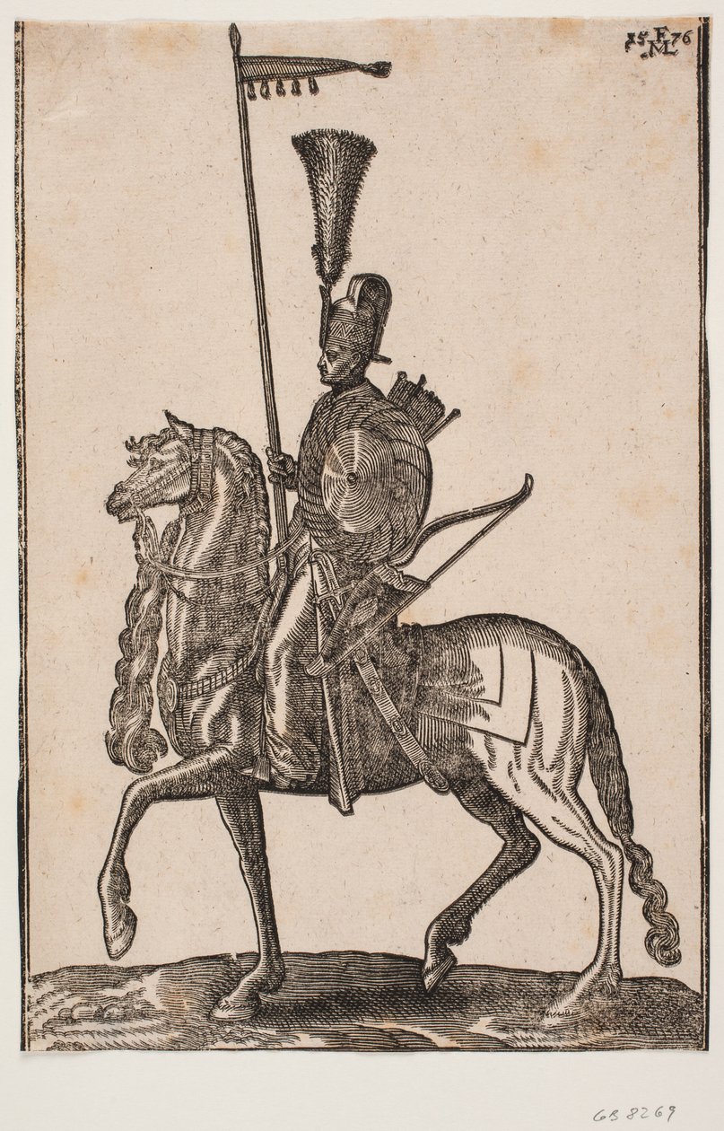 Mounted Soldier, Profile to the Left; Lance with Pennant, Bow Beside ...