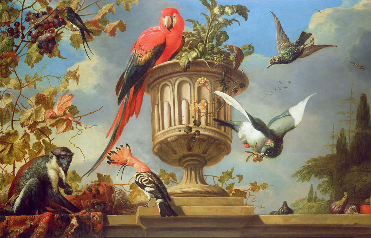 Scarlet Macaw Perched on an Urn, with Other Birds and a Monkey Eating ...