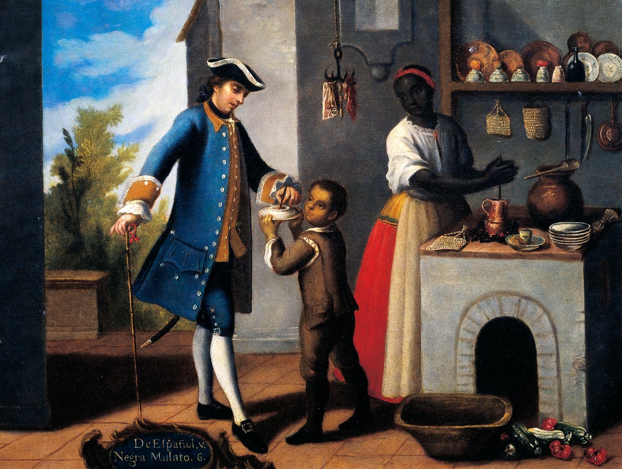 White Spanish man, Black woman and mixed race son (mulatto), Painting ...