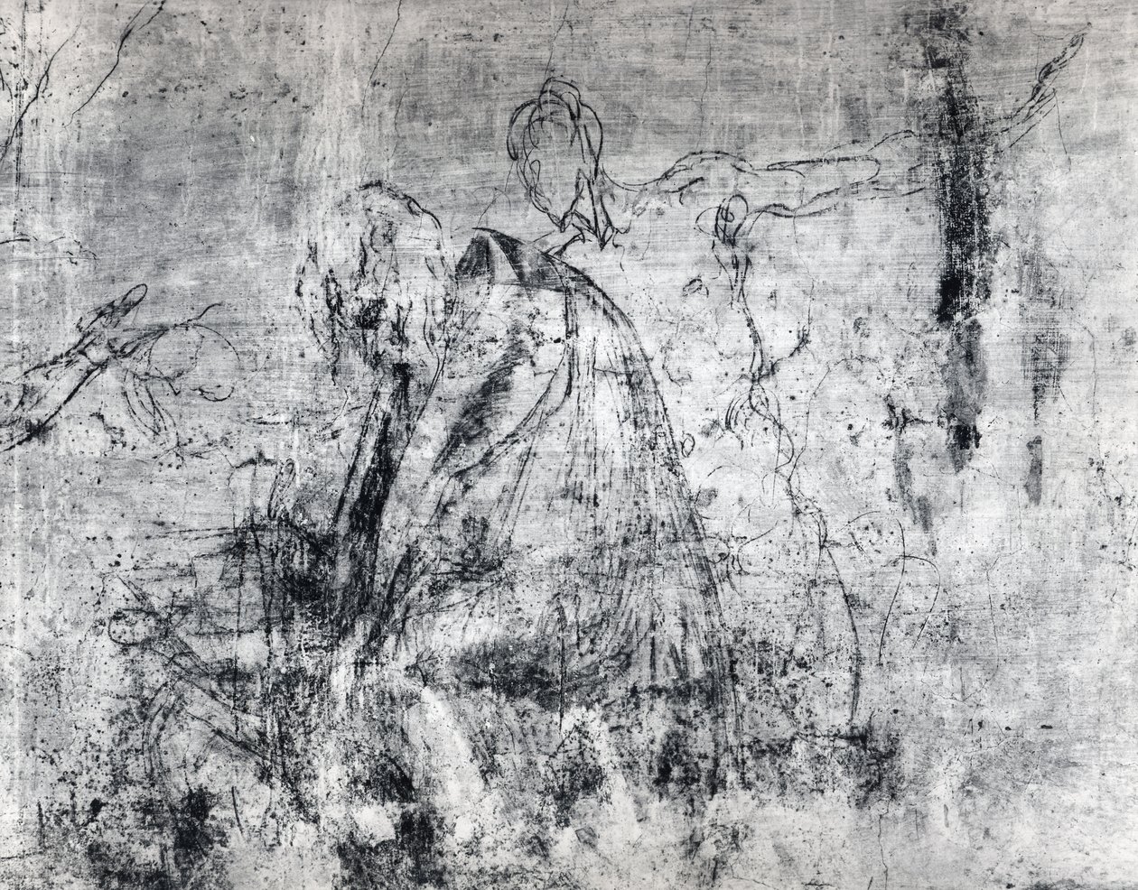 Wall drawing of two figures by Michelangelo Buonarroti