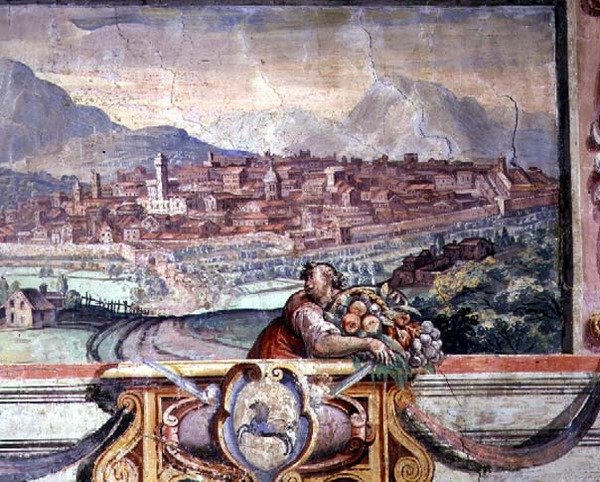 Bedroom, detail of frieze depicting towns under Medici rule