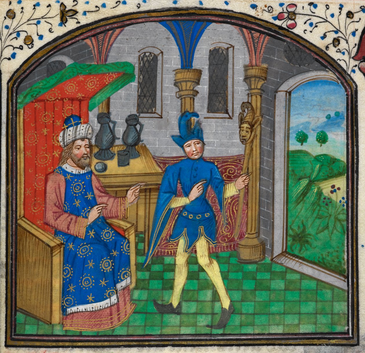 A fool with his master, from a Book of Hours by the Mildmay Master, c ...