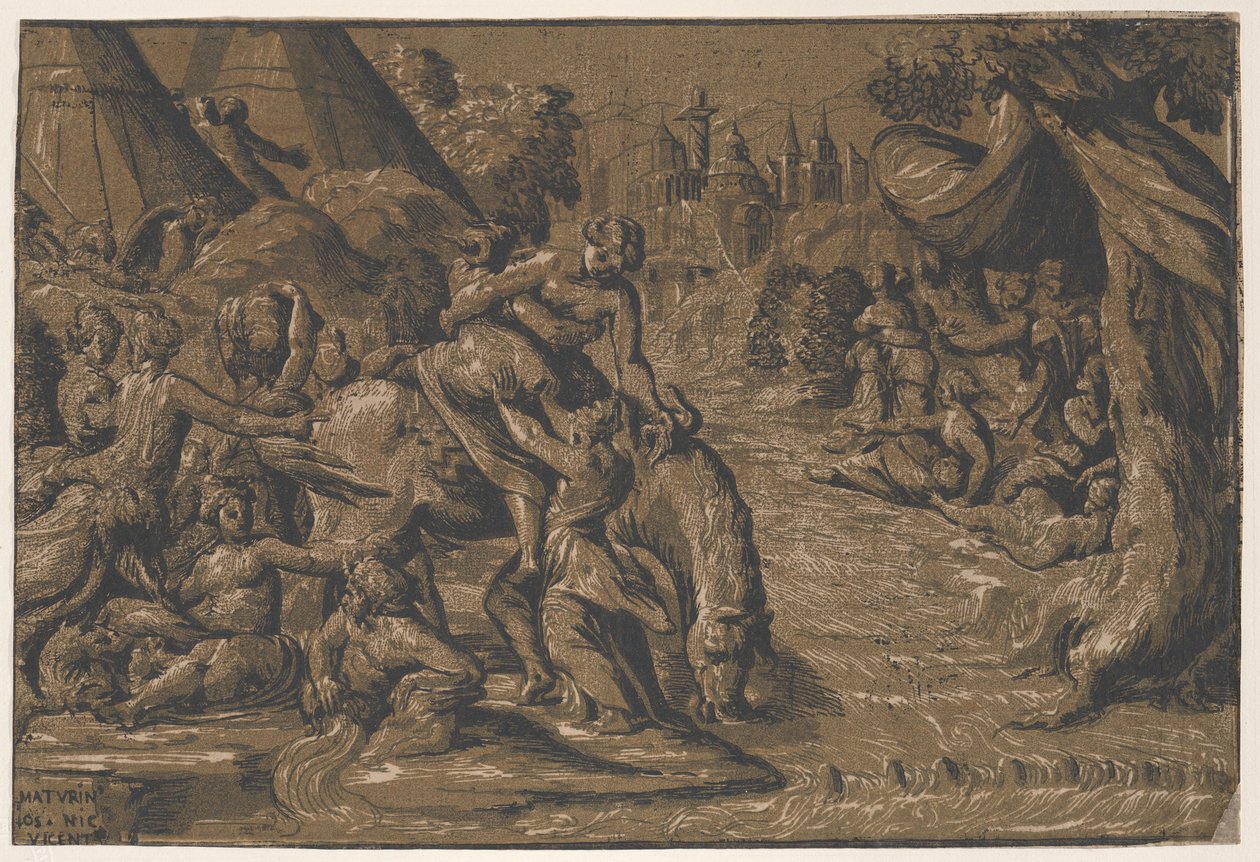 Cloelia the Roman hero in the centre being helped onto a horse, Rome in ...