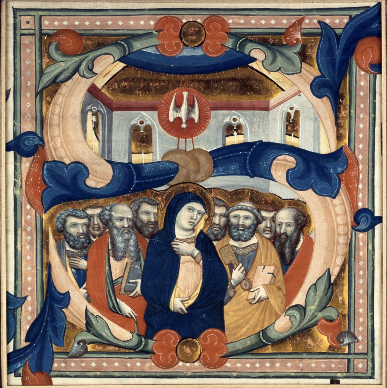Historiated initial 'S' depicting the Descent of the Holy Spirit, mid ...