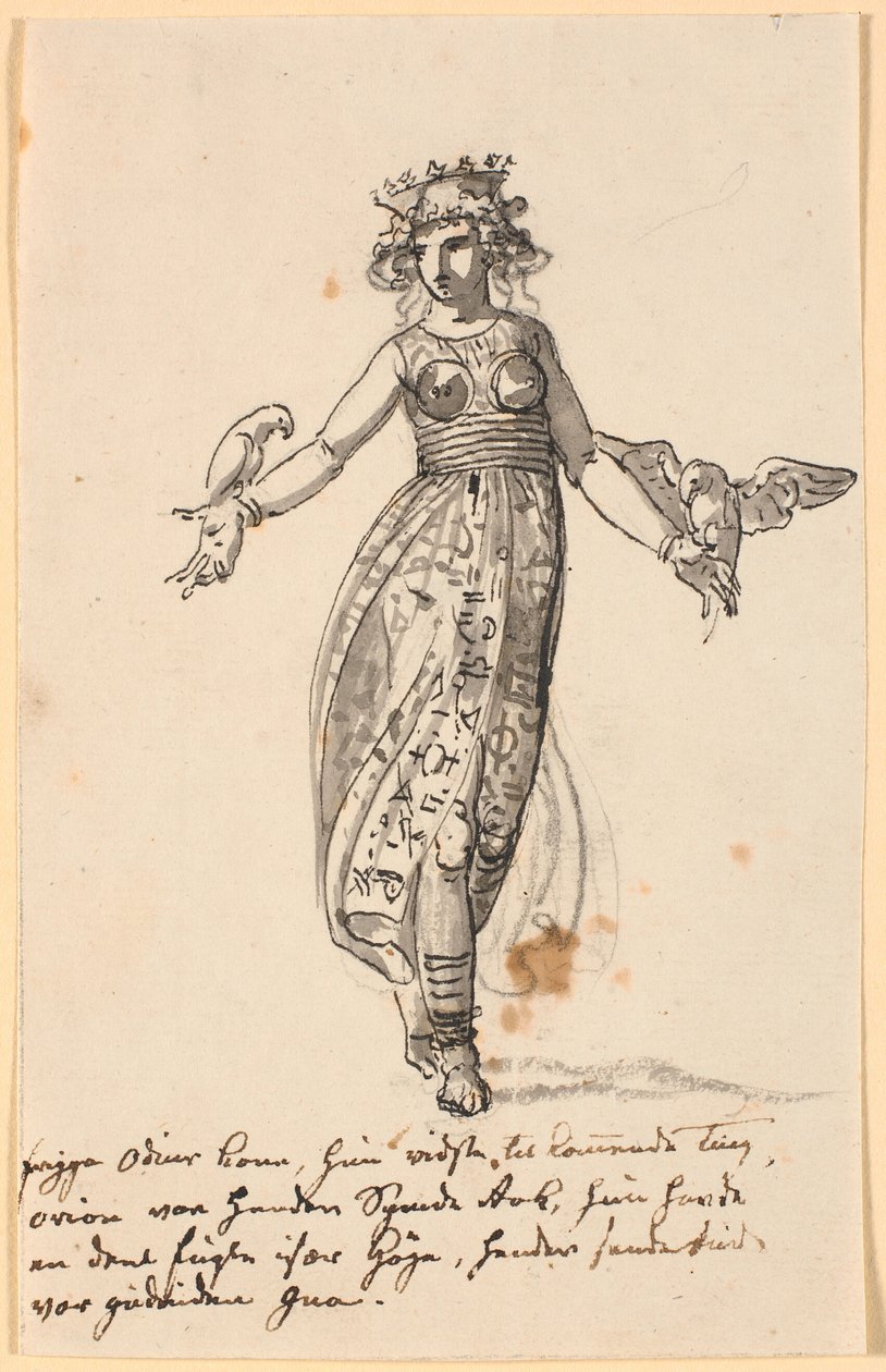 Frigga Walking with a Pair of Hawks on Outstretched Arms. Along with ...