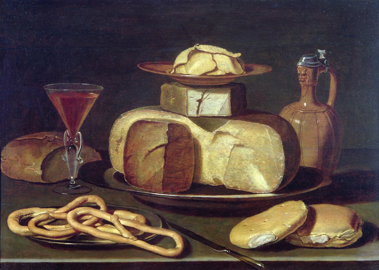 Still Life with bread, cheese, wine and pretzels
