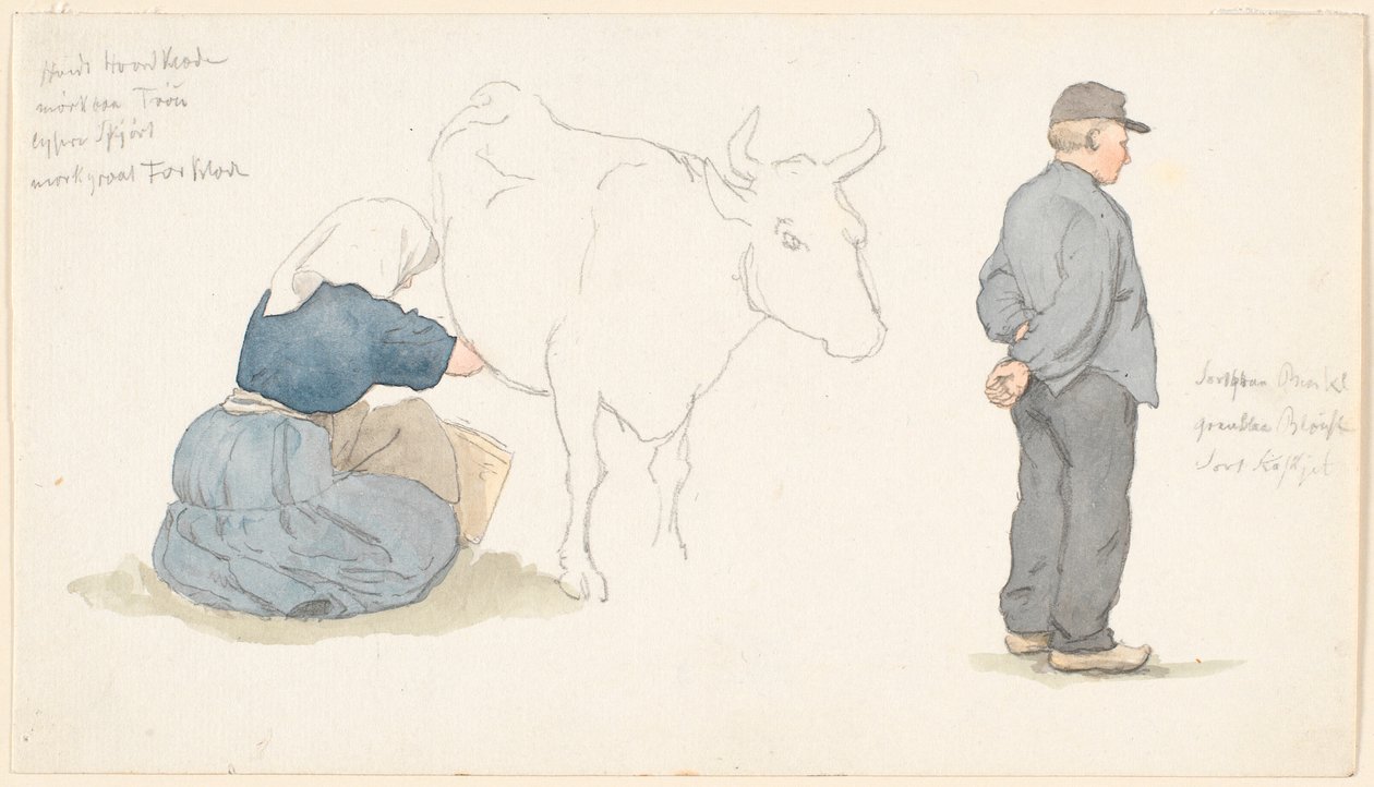 Study Sheet with Girl Milking a Cow, Farmer Standing to the Right