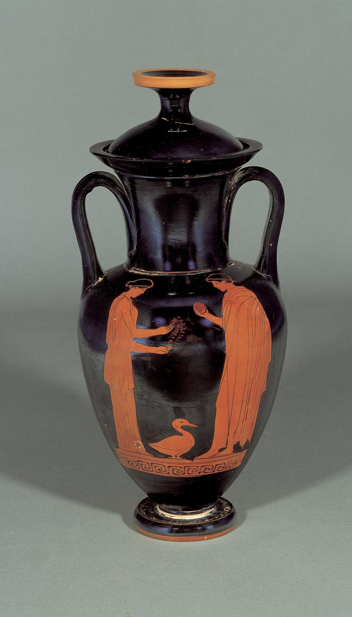 Attic red-figure nolan amphora depicting two figures and a duck, 460-450 BC