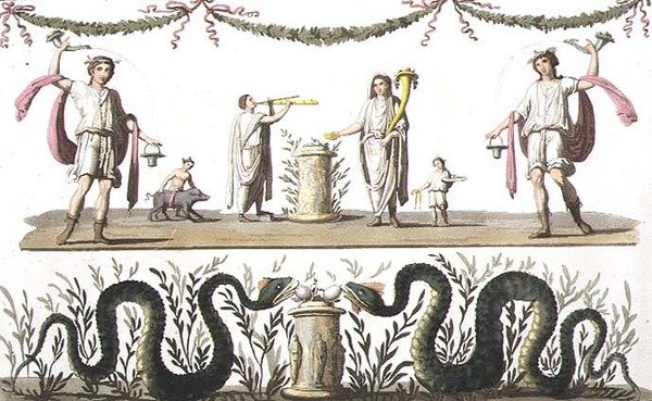 Frescoes from the lararium of a private house at Pompeii, from 'Le ...