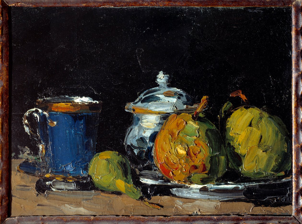 Sugar bowl, blue cup and pears by Paul Cézanne