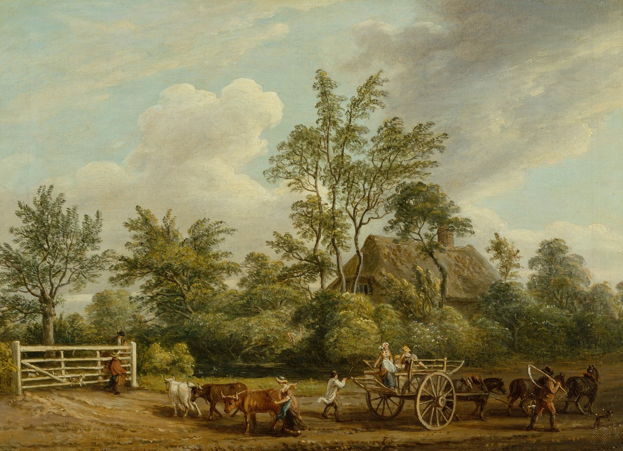 A Hay Cart with Farm Labourers and Cattle near Easton Park, Suffolk