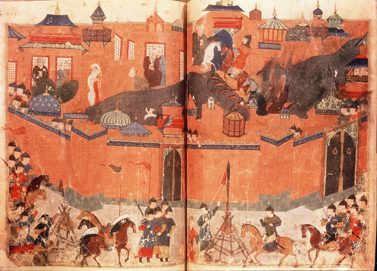 Mongols under the leadership of Hulagu Khan storming and capturing ...