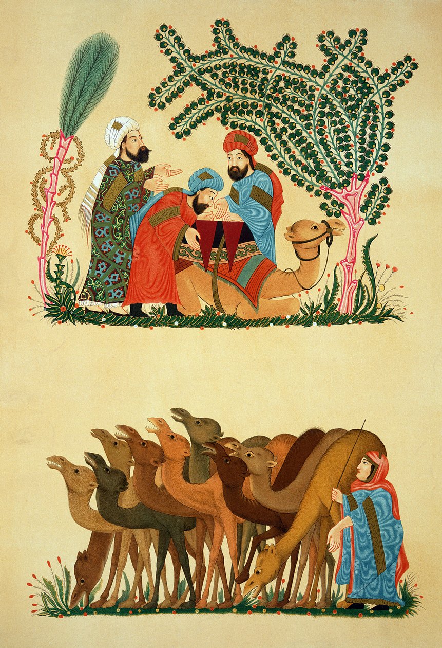 Scenes taken from a manuscript of the Maqamat of Al-Hariri, engraved by ...