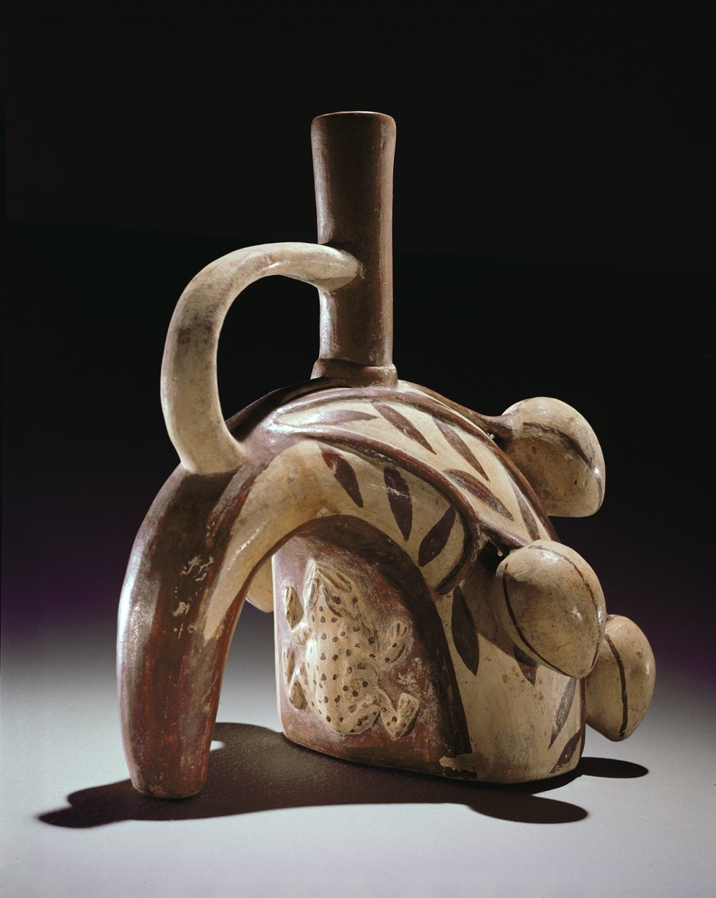 Pottery vessel of a frog climbing a cocoa tree, Mochica