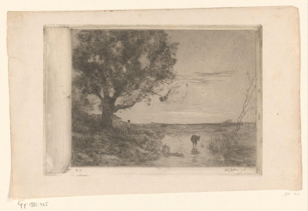 Landscape with Calf in the Water and Man Under a Tree